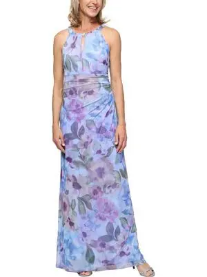 SL FASHIONS Gathered Floral Cutout Sleeveless Maxi Dress - Blue/multi