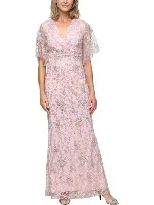 SL FASHIONS Beaded Surplice Neck Gown - Blush
