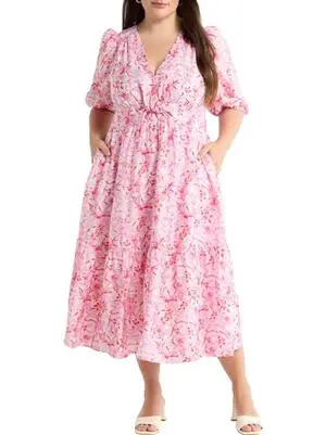 Caslon Floral Twist Front Midi Dress - Ivory- Pink Daisy Garden