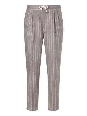 Brunello Cucinelli Chalk Stripe Linen Twill Tapered Pants - Brown