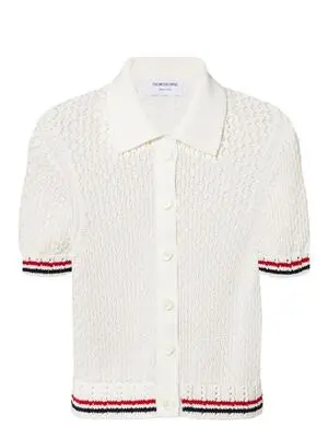 Thom Browne Pointelle Cotton Polo Top With Signature Striping - White
