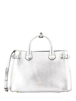 Burberry Banner Tote Leather And House Check Canvas Medium Satchel Silver