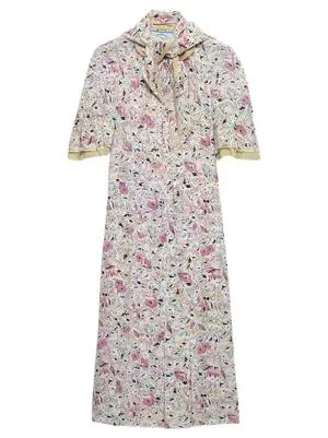 Prada Floral Print Georgette Dress With Scarf - Neutrals