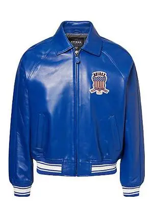 AVIREX Leather Bomber Jacket With Appliquéd Patches - Blue