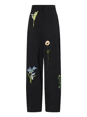Stella McCartney Floral-embroidery Straight Wide Leg Wool Trousers - Black