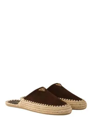 Prada Suede Mules With Woven Raffia - Cocoa Brown