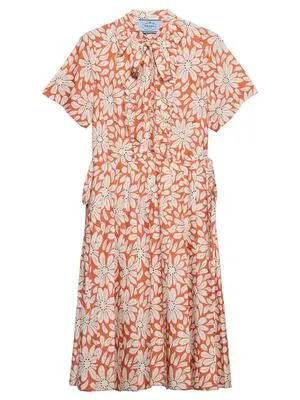 Prada Printed Pleated Pongé Shirtdress - Copper