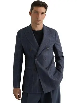 REISS Adoro Linen Check Double-breasted Tailored-fit Blazer - Navy