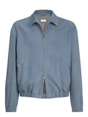 Brunello Cucinelli Nubuck Leather Zip-up Jacket - Blue
