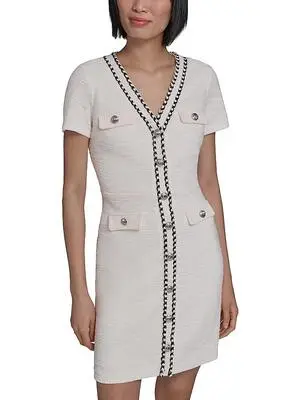 Karl Lagerfeld Paris Beaded Trim Knit Tweed Sheath Dress - Soft White