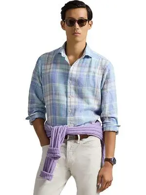 Polo Ralph Lauren Classic Fit Plaid Slub Linen Shirt - Blue/orange