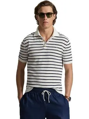 Polo Ralph Lauren Striped Cotton Linen Polo Collar Sweater - White