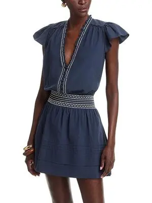 Ramy Brook Ramy Brook Tahlia Dress With Embroidered Neckline And Belted Waist Navy