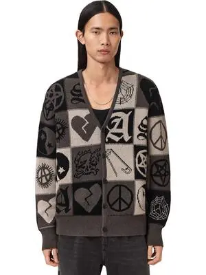 ALLSAINTS Barker Jacquard Cotton Knit Cardigan - Brown/black