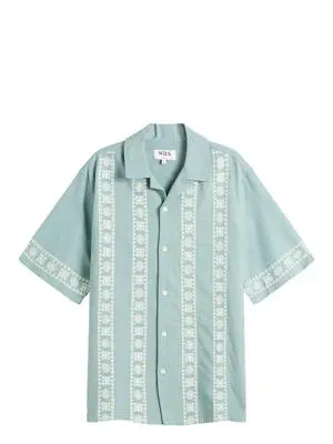 WAX LONDON Didcot Placement Border Vacation Shirt - Sea Green/ecru