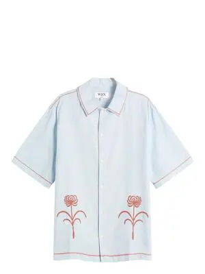 WAX LONDON Keats Dahlia Embroidery Vacation Shirt - Light Blue/rust