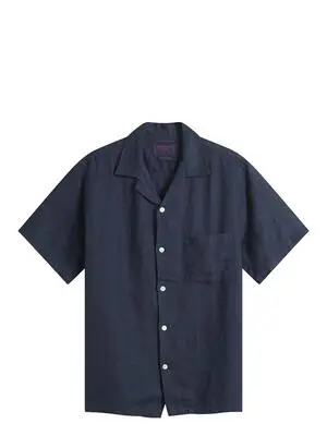 Portuguese Flannel Linen Camp Collar Vacation Shirt - Navy