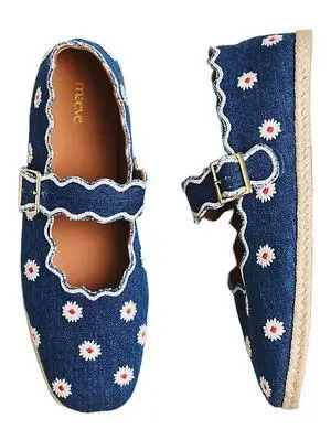 Maeve Scalloped Espadrille Mary Jane Flats - Dark Denim