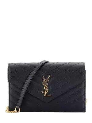 Saint Laurent Classic Monogram Wallet On Chain Matelasse Chevron Leather Crossbody Bag - Black