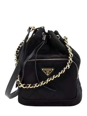 Prada Drawstring Quilted Tessuto Small Bucket Bag - Black