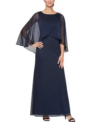 SL FASHIONS Cape Overlay Glitter Mesh Gown - Navy