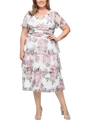 SL FASHIONS Floral Print Tiered Midi Dress - Ivory Mult