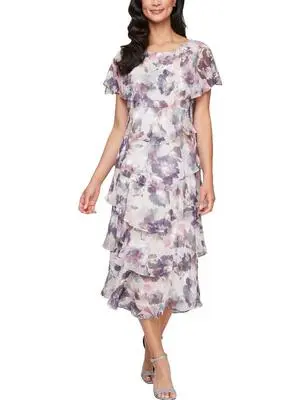 SL FASHIONS Metallic Floral Tiered Ruffle Cocktail Dress - Blush Multi