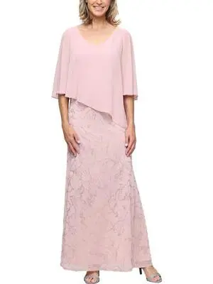 SL FASHIONS Cape Sleeve Floral Glitter Mesh Gown - Blush