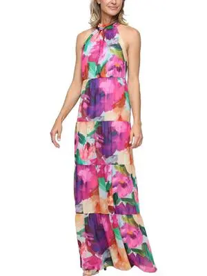 SL FASHIONS Tiered Floral Halter Maxi Dress - Magenta Multi