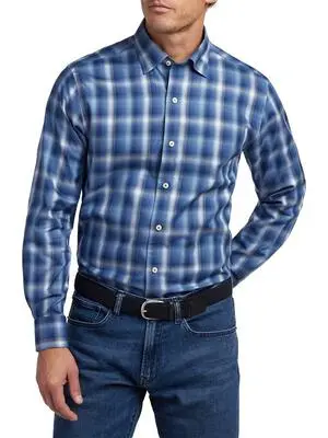 David Donahue Ombré Plaid Cotton Twill Button-down Shirt - Navy/blue
