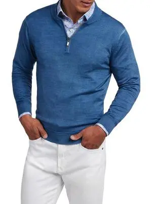 David Donahue Skipper Merino Wool Blend Quarter Zip Sweater - Tidal Blue