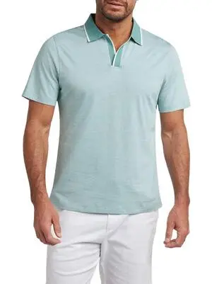 David Donahue Tipped Johnny Collar Cotton & Silk Polo - Beach Glass