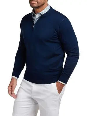 David Donahue Tipped Cotton Blend Quarter Zip Sweater - Estate Blue