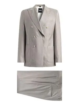 BOSS Huge Slim Fit Grey Pinstripe Double Breasted Virgin Wool Suit - Open White