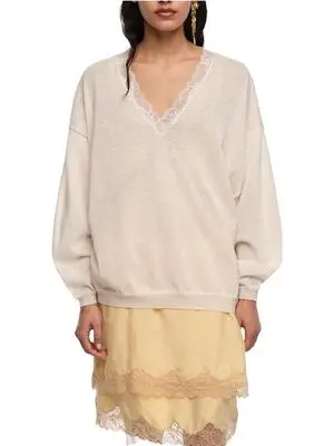 Bimba Y Lola Linen-cotton Blend Lace Trimmed Sweater - Ivory