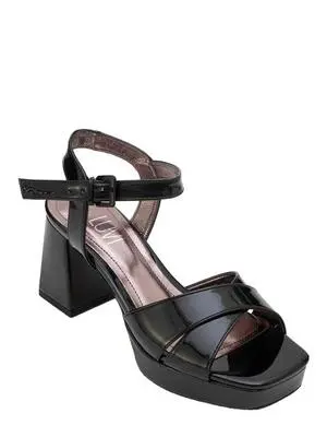 PROLOGUE SHOES Lisbon Platform Block Heel Sandal Black Patent
