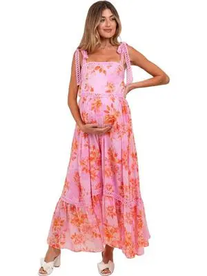PINKBLUSH Floral Shoulder Tie Tiered Maxi Dress - Pink