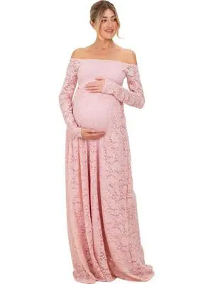 PINKBLUSH Floral Lace Off Shoulder Maxi Dress - Light Pink