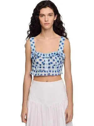 Sandro Gingham Linen Crop Top - Blu/white