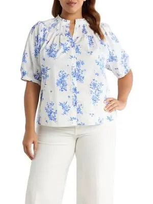 SUGARLIPS Bestia Floral Smocked Yoke Button-up Top - Cream-blue