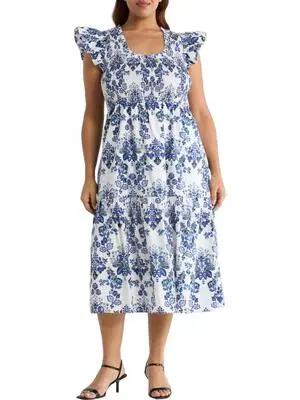 SUGARLIPS Viara Floral Giza Smocked Cotton Midi Dress - Blues-white