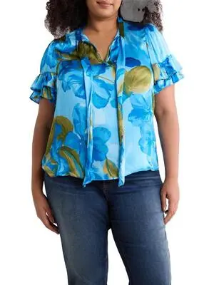 SUGARLIPS Neiva Floral Tie Neck Top - Blue-green