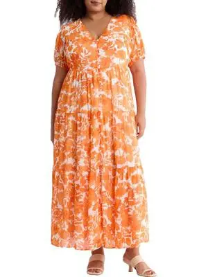SUGARLIPS Floral Print Tiered Maxi Dress - Orange-white