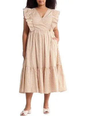 SUGARLIPS Luna Striped Midi Dress - Taupe-mult