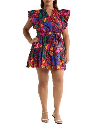 SUGARLIPS Rainbow Tropics Floral Ruffle Mini Dress - Red-multi