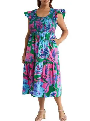 SUGARLIPS Raylee Floral Wendy Smocked Midi Sundress - Kelly-blue-multi