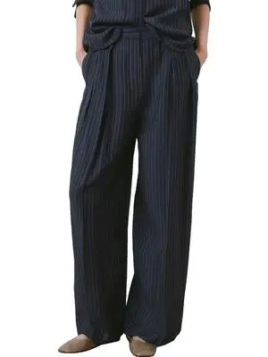Mango Pinstripe Wide Leg Pants - Navy