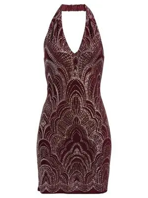 JUMP APPAREL Glitter Slinky Halter Mini Dress - Wine/gold
