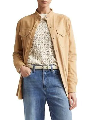 Eleventy Lambskin Suede Overshirt Camel
