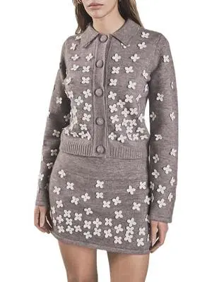 Endless Rose Floral Appliqué Cardigan - Heather Grey/white